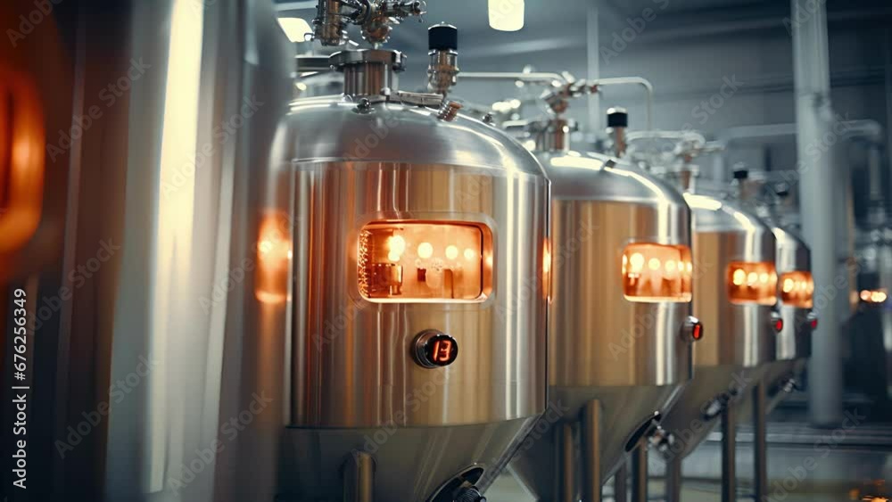 A detailed capture of the large fermentation tanks filled with a liquid ...