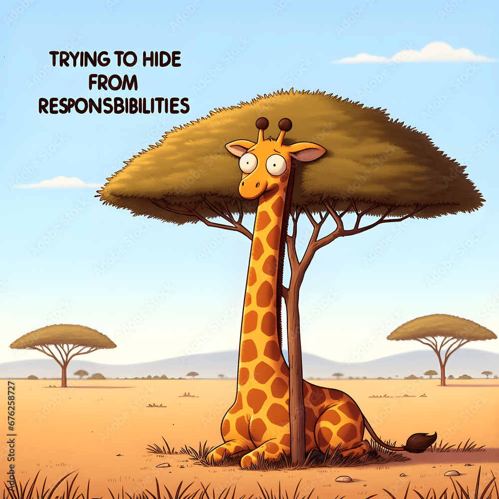 Photo of a cartoon giraffe trying to hide behind a tiny tree, with just ...