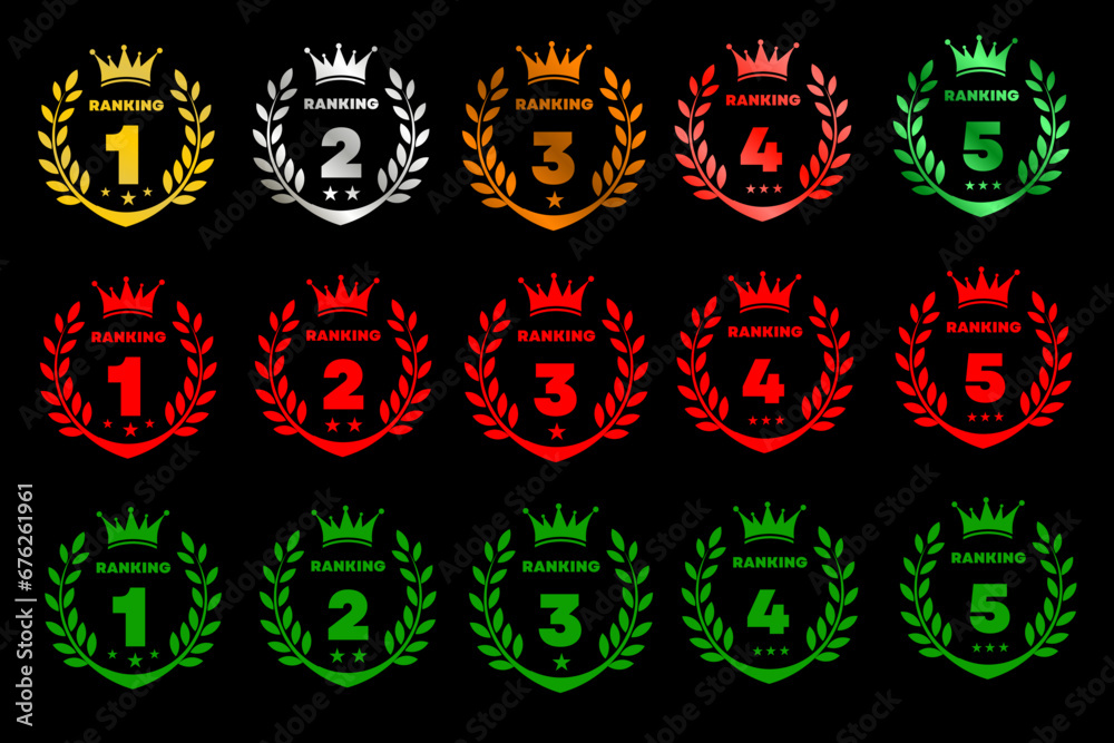 Ranking one to five gold, silver, bronze red and green laurel vector ...