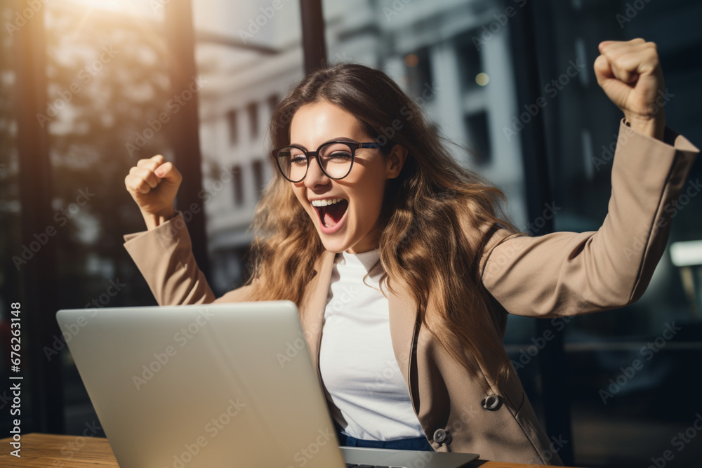 Winner, laptop and celebration with a freelance work remote working ...