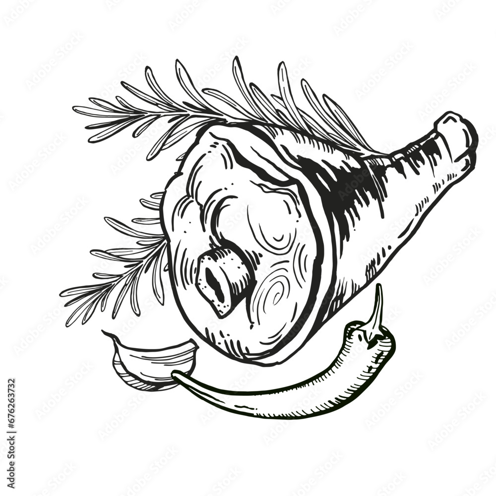 hand drawn vector food illustration, set of grilled baked meaty pork ...