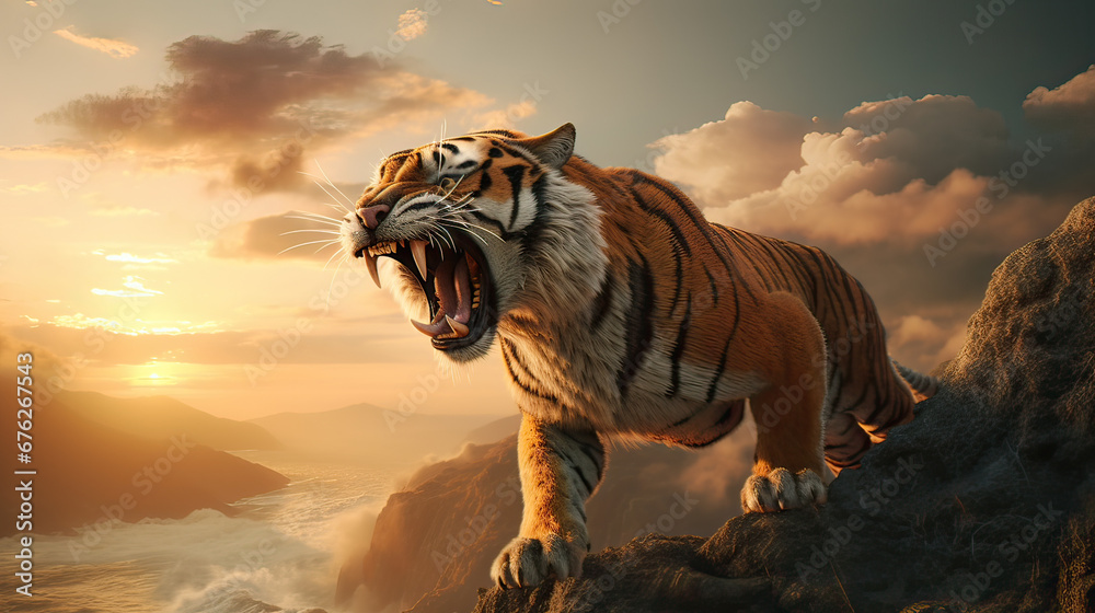 Epic scene of a tiger roaring atop a cliff, echoing the call of the ...