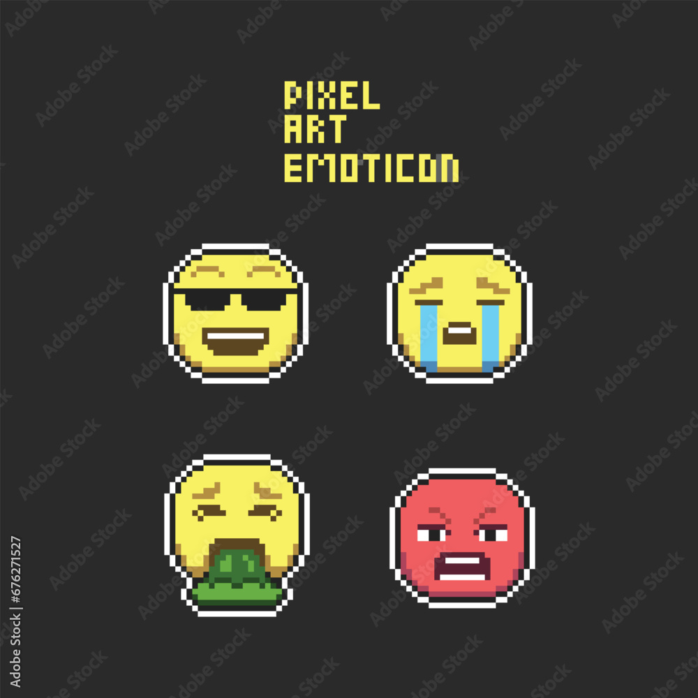 this is emoticon in pixel art with simple color and black background ...