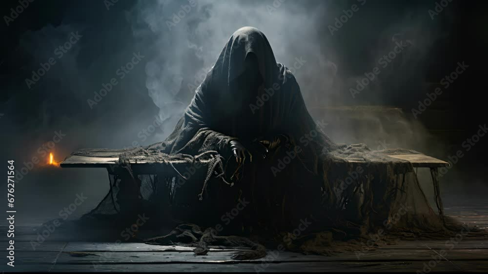 A cloaked figure hunched over a moonlit table slowly swirling a mist of ...