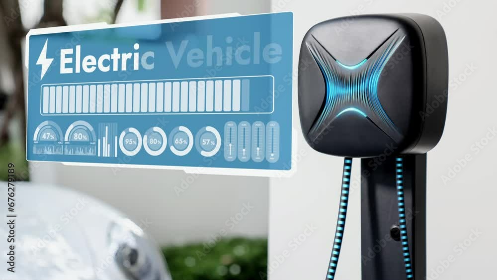 Electric car recharging in futuristic home charging station with smart ...