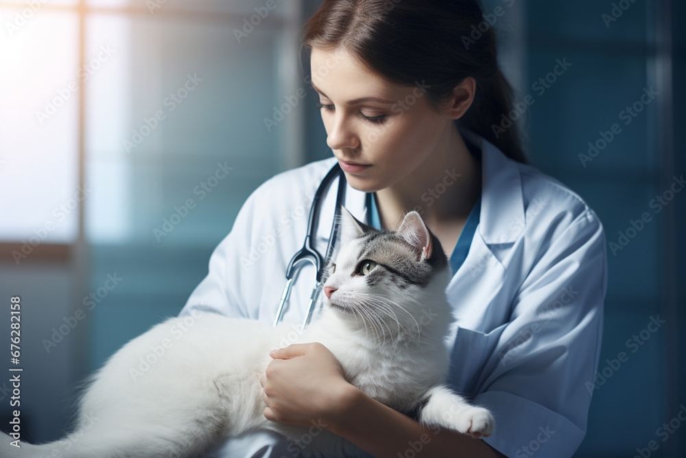 Portrait of a veterinarian doctor checking cat’s health while holding ...