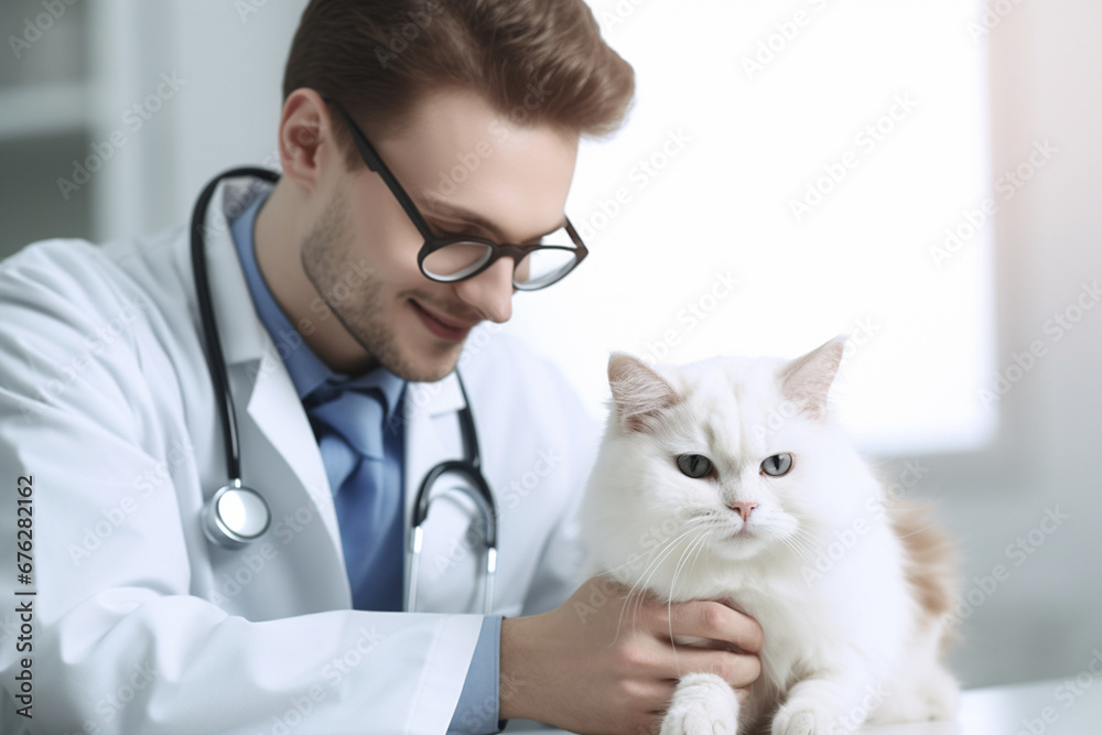 Portrait of a veterinarian doctor checking cat’s health while holding ...
