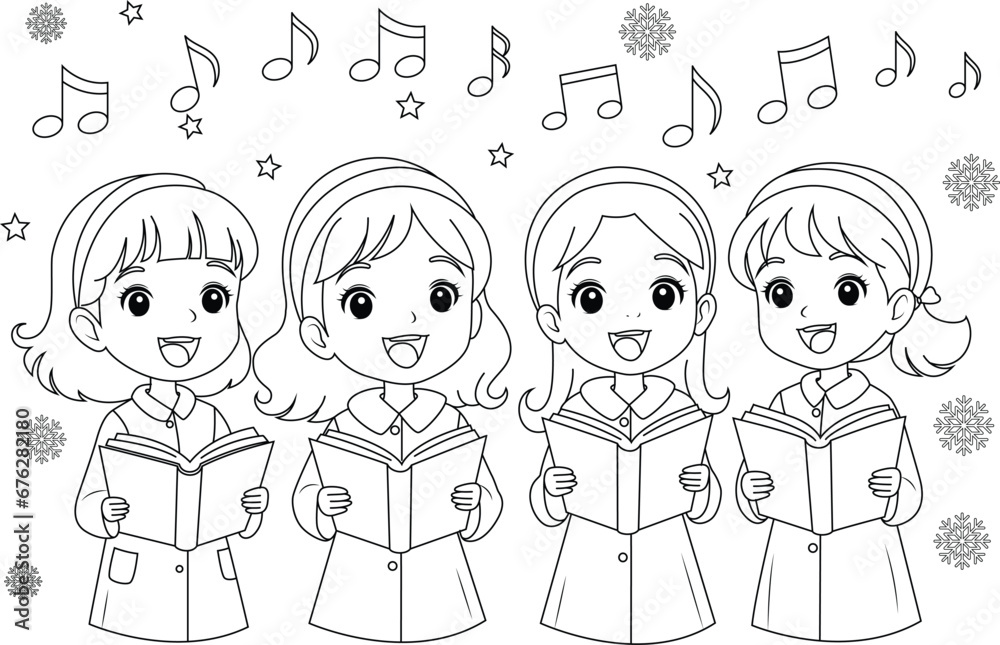 Coloring page a group of children singing Christmas carols. Stock ...