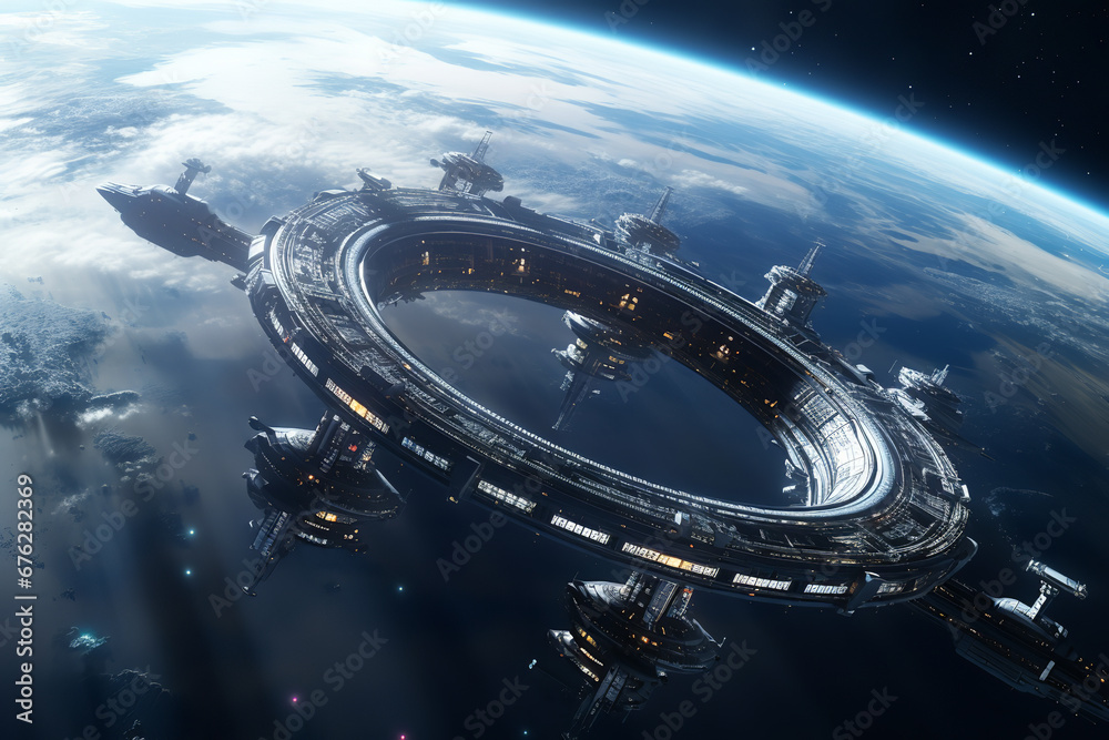 Above a foreign planet, a space station circulates, housing robot ...