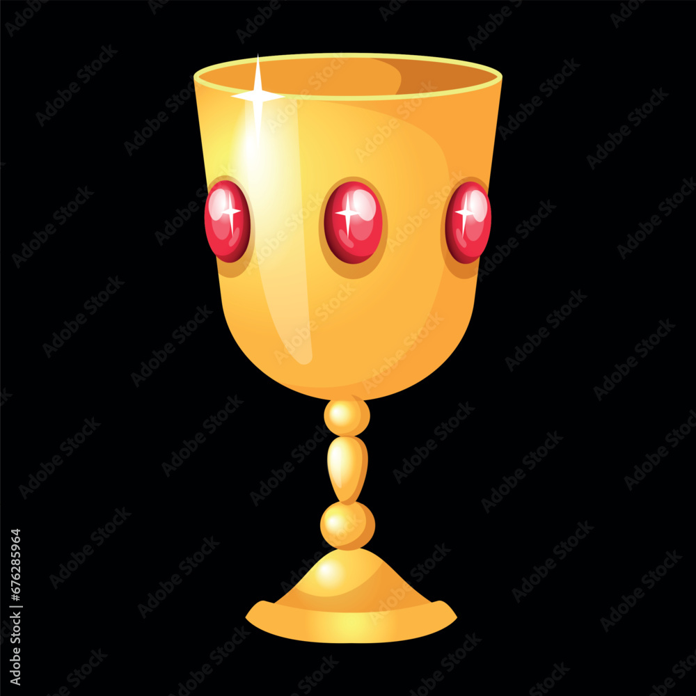 Magic goblet. Golden cup with ruby gemstones. Treasure shiny antique glass. Award trophy. Gold ...