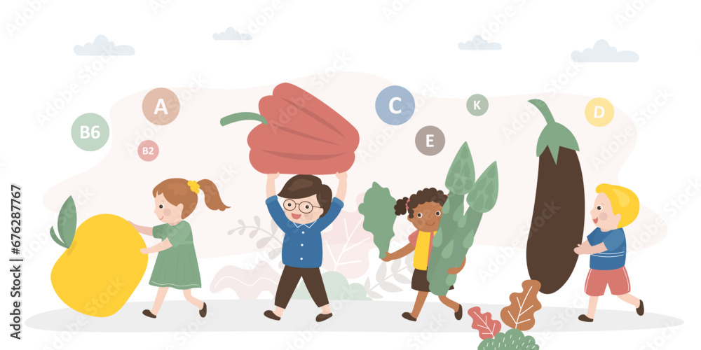 Group of happy children carrying vegetables for eating. Multiethnic ...