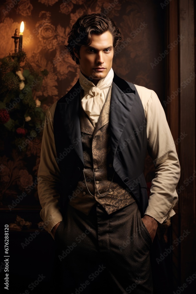 Handsome young Victorian Man - Wavy brown hair - Elegant attire Stock ...