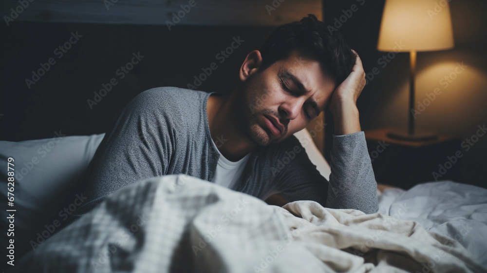 Dark haired man in his 30s sick in bed, with one hand on his head ...