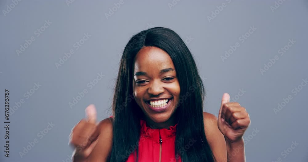 Black woman, smile and thumbs up in studio, yes and positive review or ...
