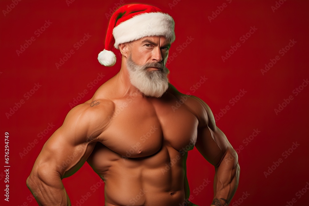 Muscular body builder Father Santa Claus on red background showing his ...