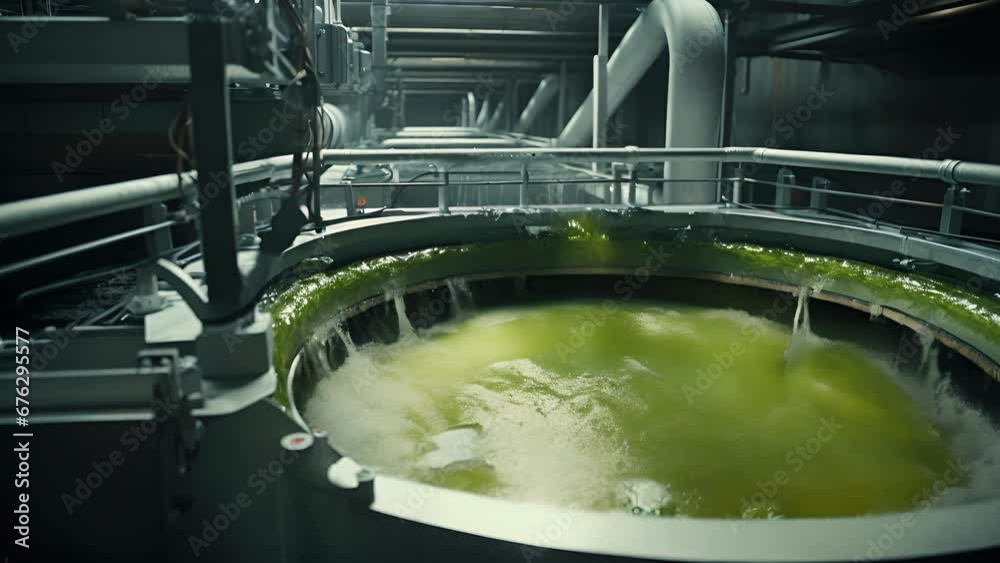 This image captures the process of dewatering the harvested algae, with ...