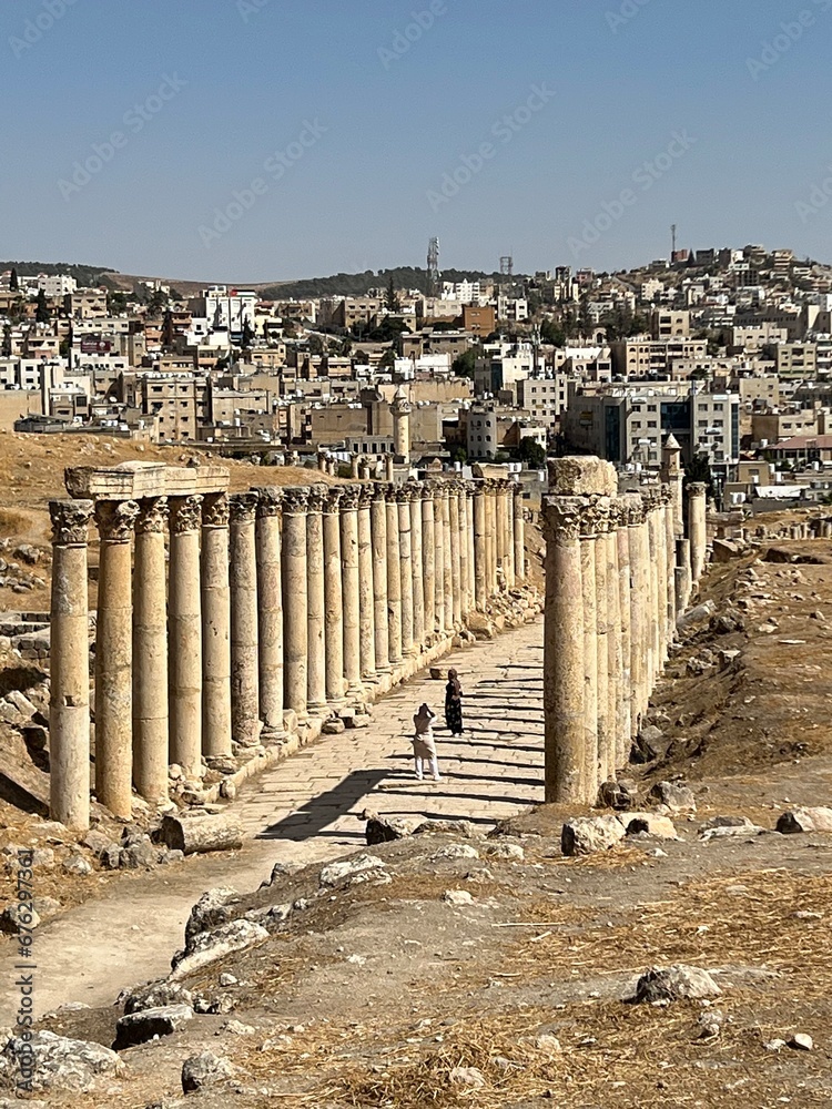 Roman Columns Ruins of the ancient city of Jerash in Jordan in the ...