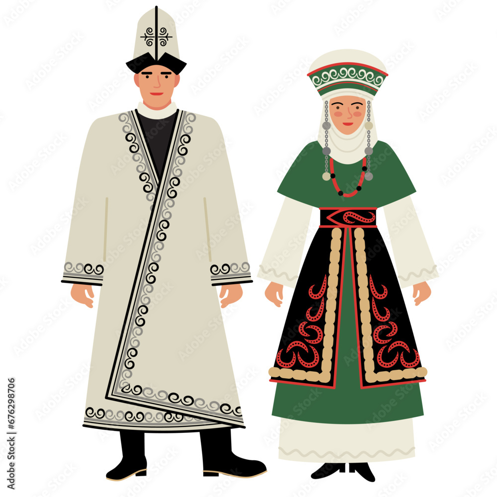 girl and young man in Kyrgyz folk costume isolated on white background ...