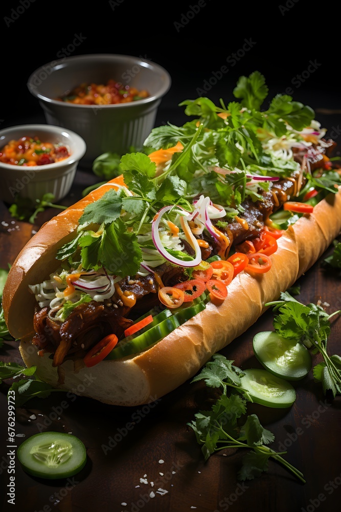 Delicious Vietnamese street food - banh mi sandwich with short baguette ...
