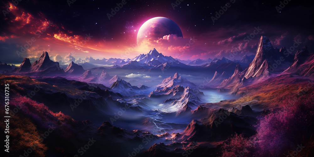 Fantasy landscape of fiery planet with glowing stars, nebulae ...