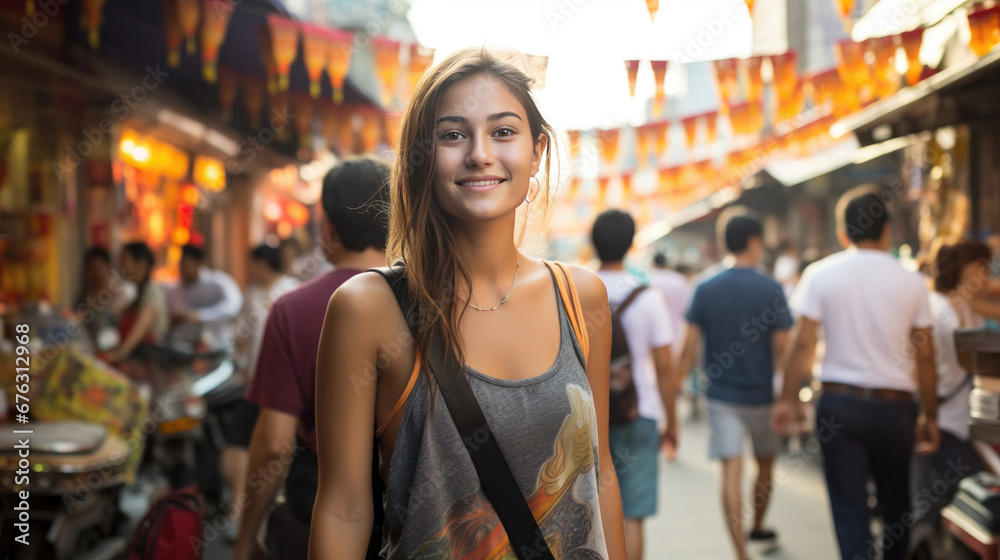 Young Asian traveling women traveling backpacker in Khaosan Road on ...