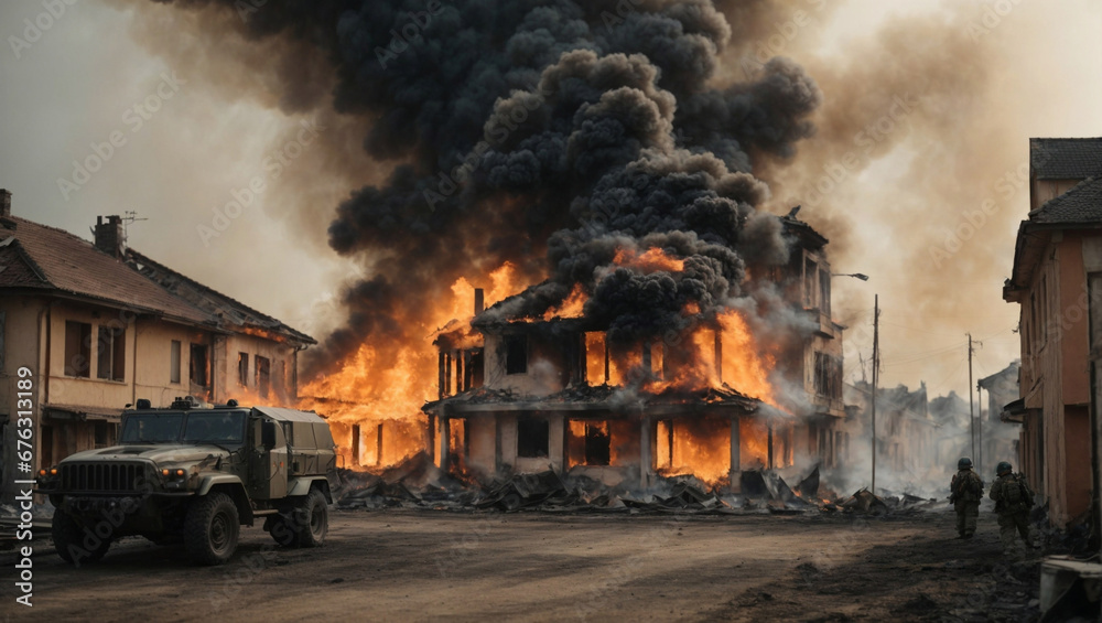 Burning ruins of destroyed houses in city from bombs or missile attacks ...