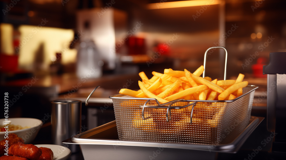 French fries cooking. Grid with strips hop potato in boiling oil ...