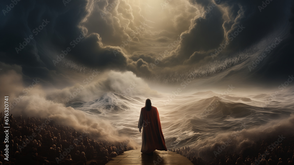 Ocean separate up to form canal. Bible miracle of Moses parting red sea ...