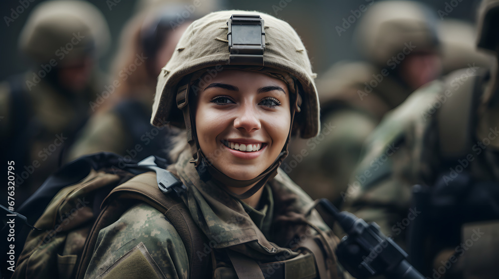 Portrait of smile young woman soldier in uniform background team army ...