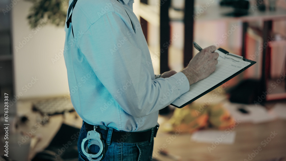 A police detective is filling out report papers while examining the ...