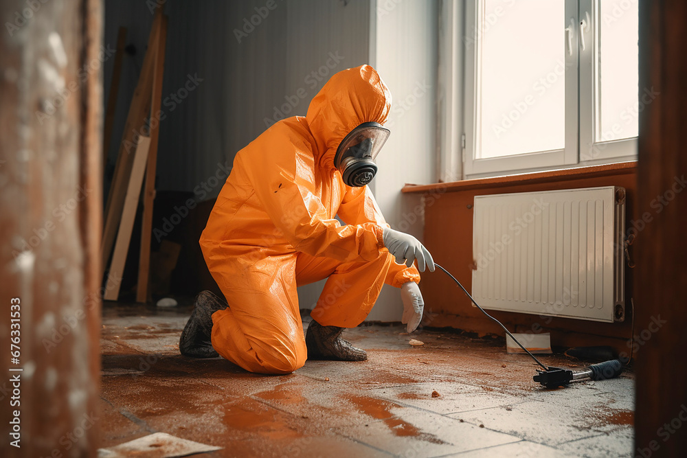person with full body protection suit investigates mold infestation in ...