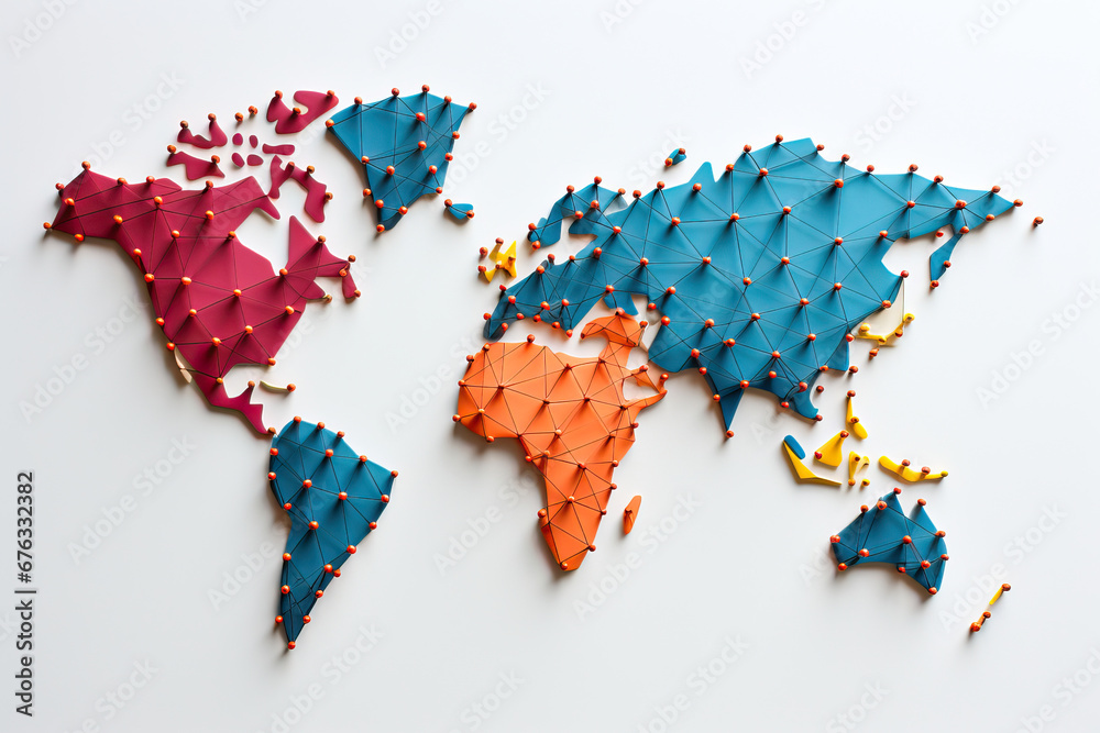 World map connected by threads and thumbtacks. Logistics concept Stock ...