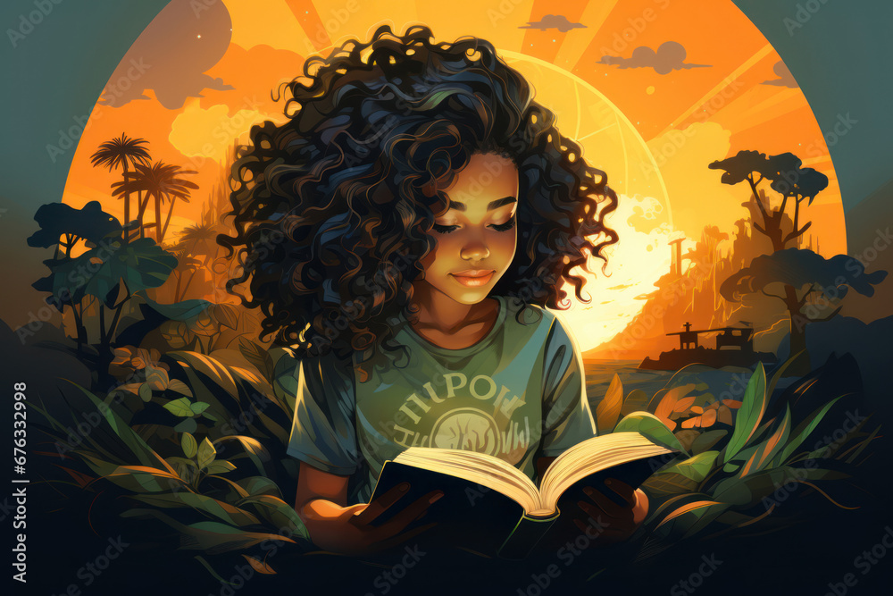 Dark skinned girl reading book imagination concept . Dream coming to ...