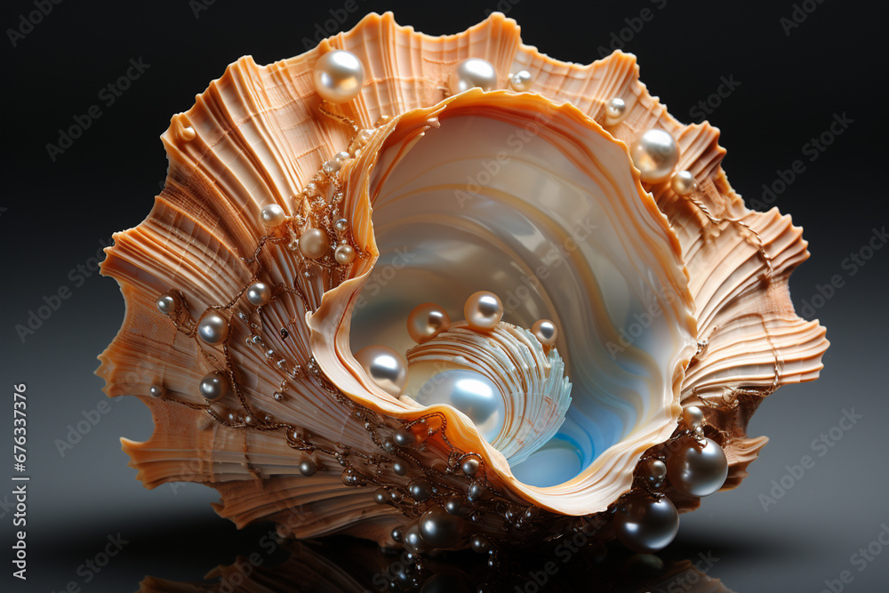 A photograph of a pearl in its early stages of formation within a shell ...