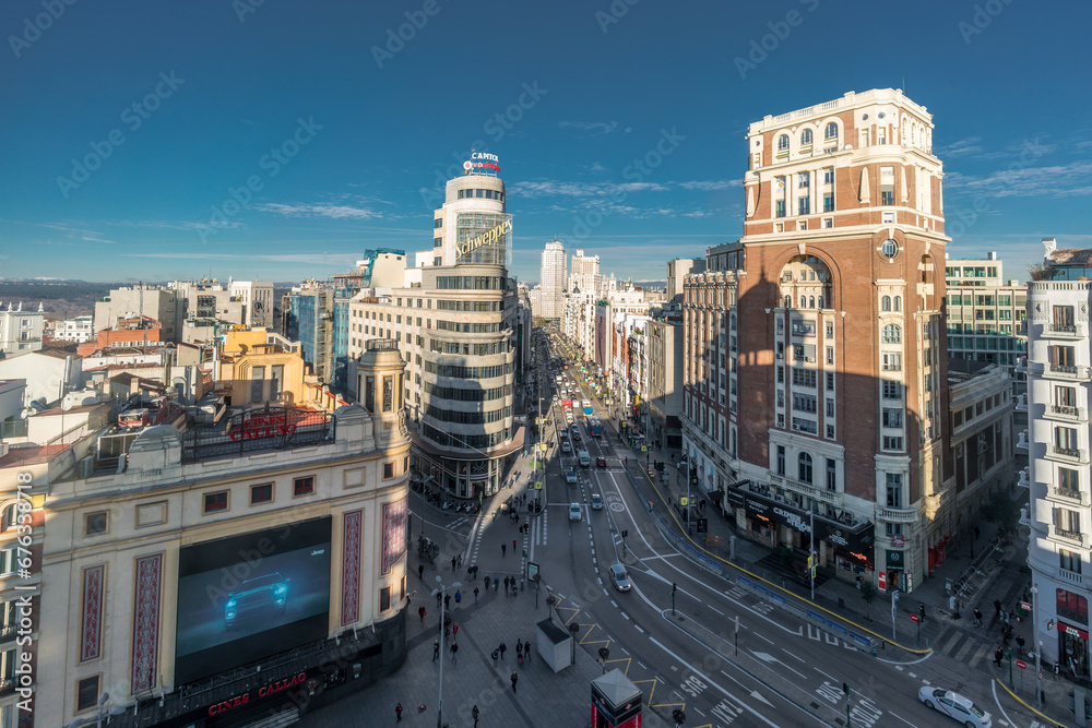 Madrid, Spain. Morning aerial view of Plaza de Callao. Edificio Carrion and Palacio de la Prensa ...