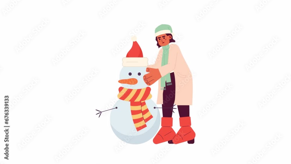 Arabic woman building snowman xmas 2D character animation. New years ...