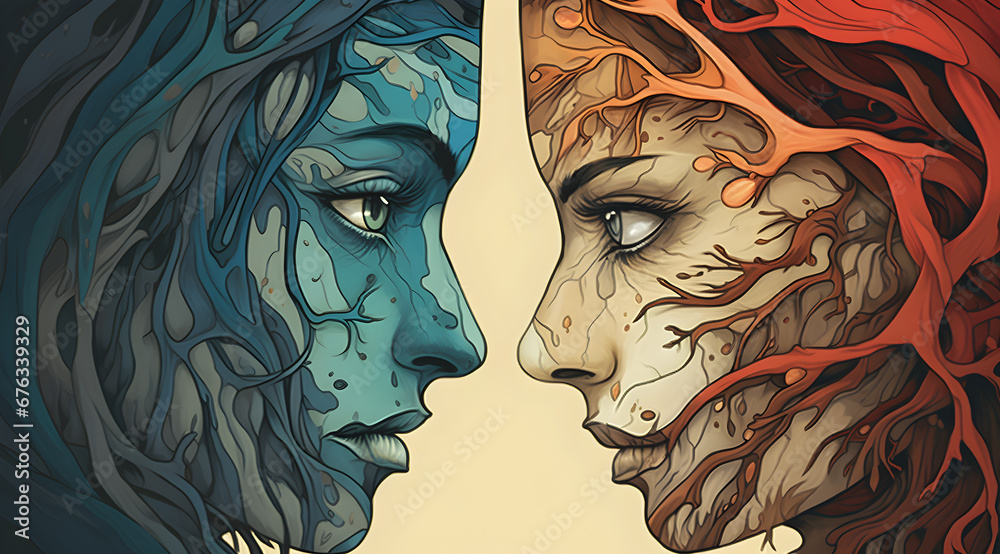 Artistic depiction of bipolar disorder, illustrating the duality of ...