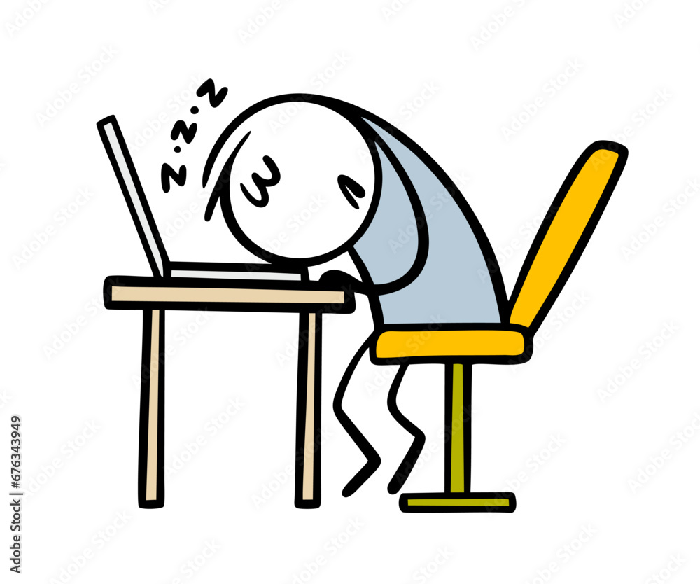 Cartoon poor student got tired of the online lesson and fell asleep on ...