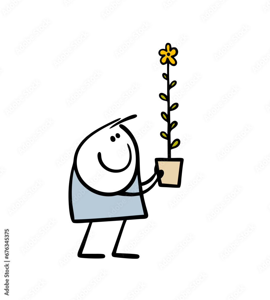 Satisfied stickman boy carries a flower pot with beautiful long ...