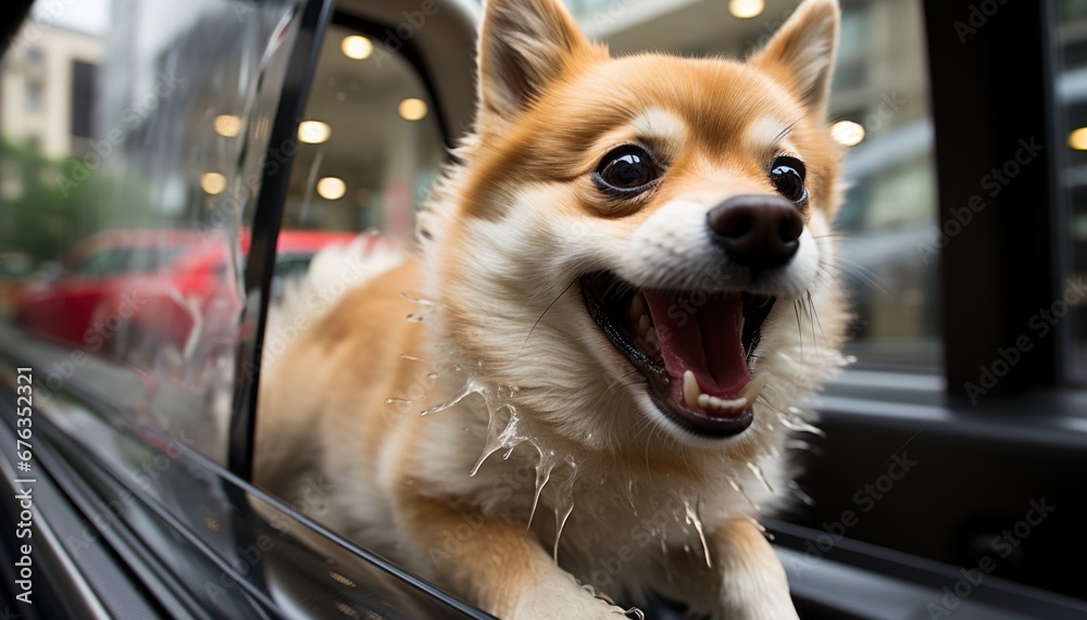 Energetic dog with head out car window, enjoying fast ride with blurred ...