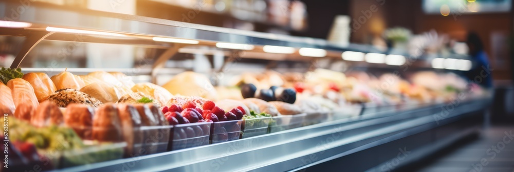 Blurred bright out of focus interior of a large open grocery store with ...