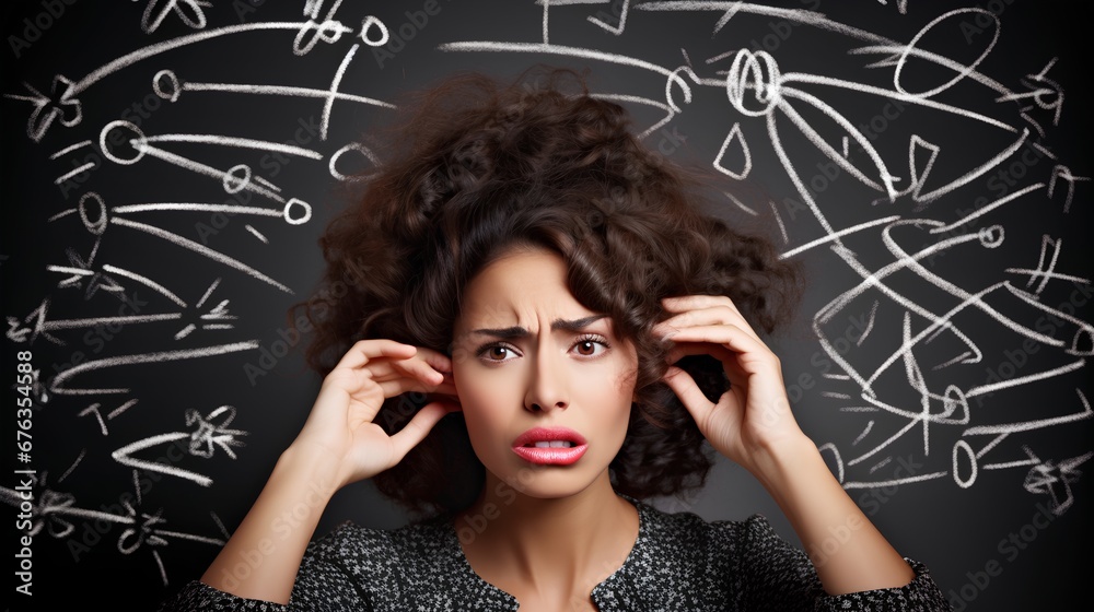 An overwhelmed woman experiencing decision fatigue, clutching her head ...