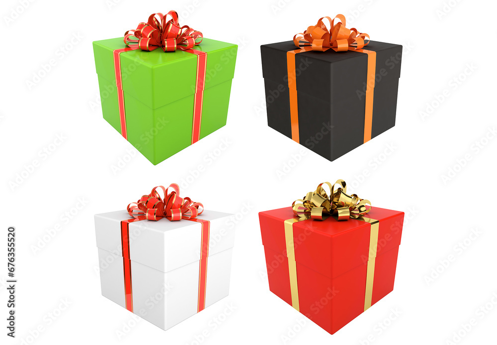 3D illustration of different colored gift boxes isolated on transparent ...