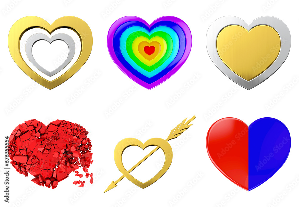 3D illustration of different heart shapes isolated on transparent ...