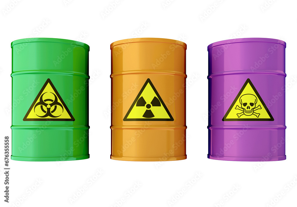 3D illustration of industrial barrels with toxic waste isolated on ...