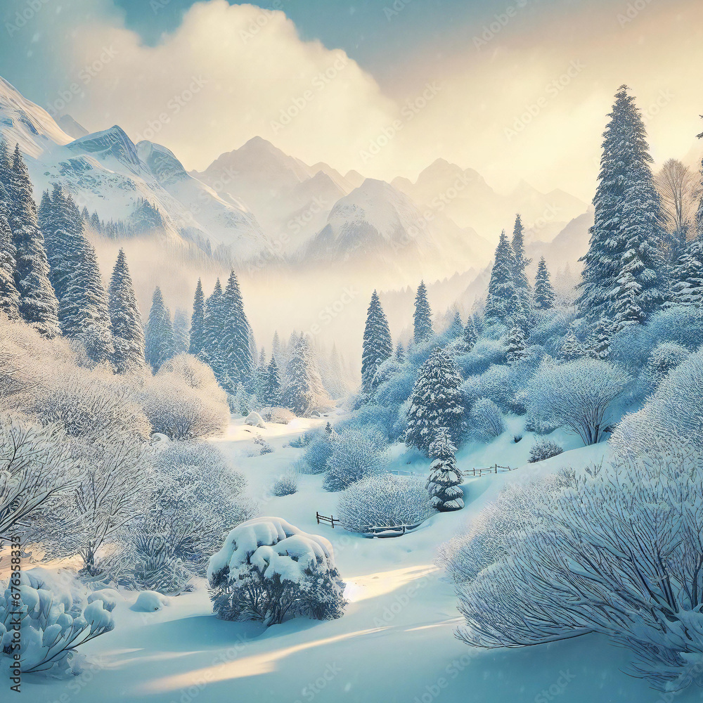 Cartoon style snow scene photography with winter landscape into a ...