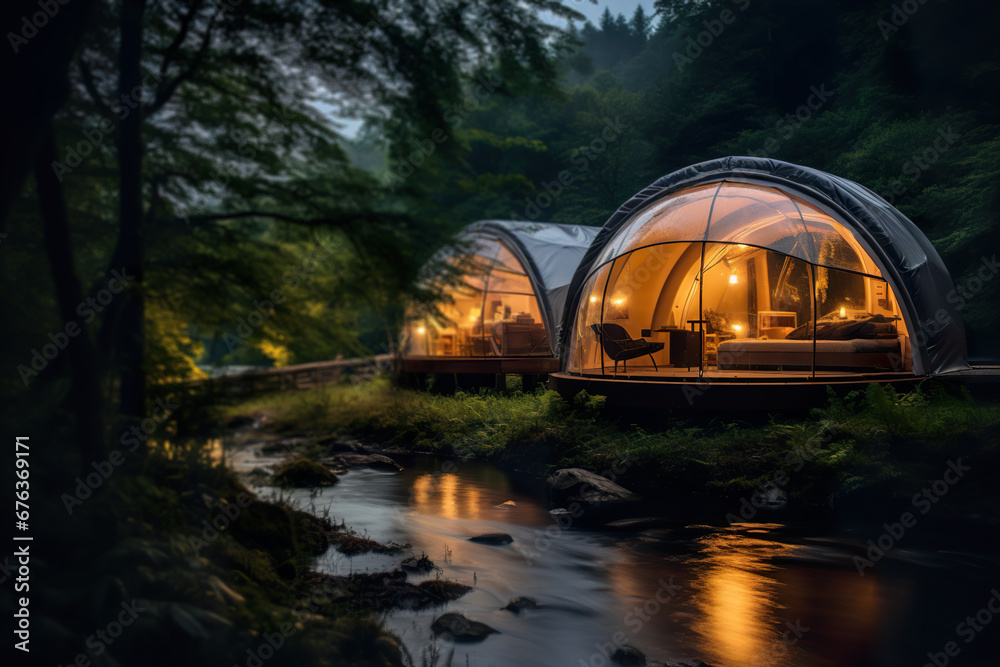 Forest glamping in a dome with a view of a tranquil river, blending luxury with the wilderness ...