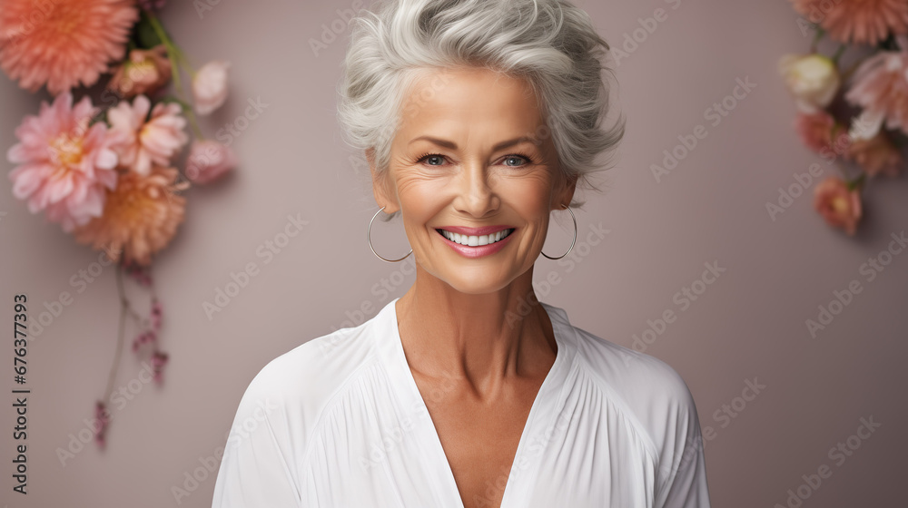 Confident elderly senior model with grey hair and makeup, mature happy ...