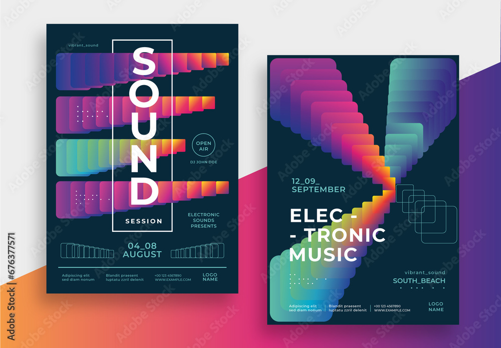 Electronic Music Posters Layout with Neon Colors Shapes Stock Template ...