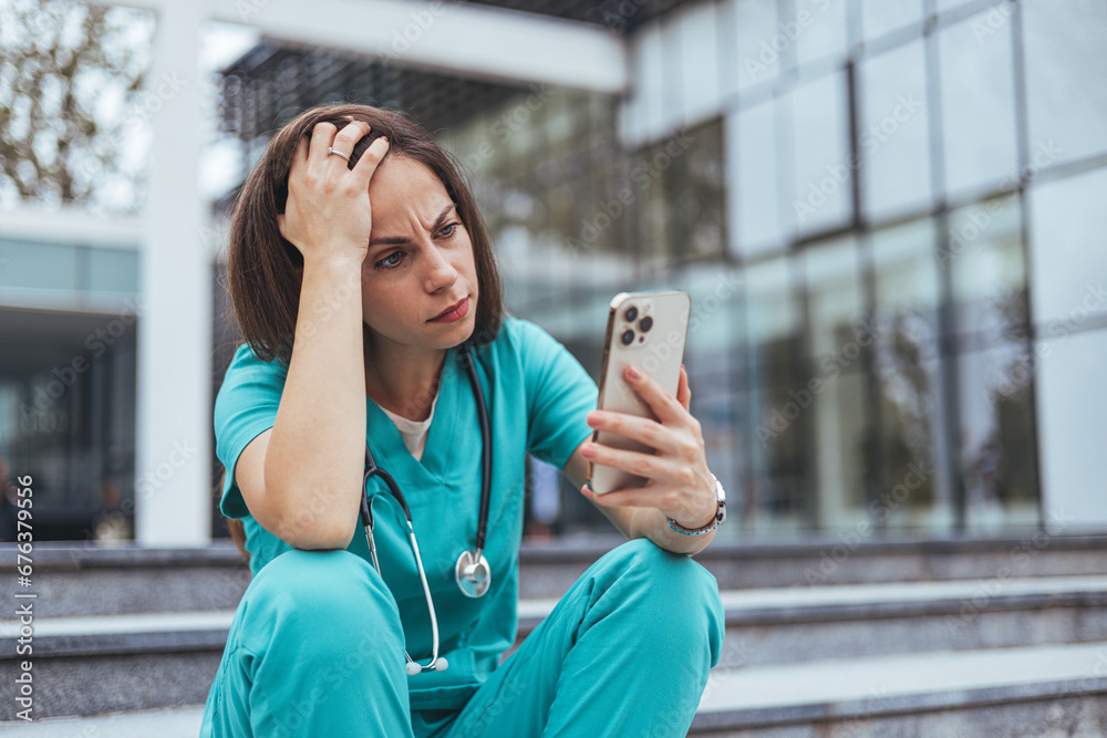 stressed modern medical practitioner woman in scrubs with stethoscope ...